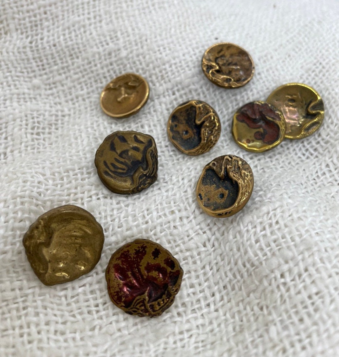 9 Rare Antique Brass Oyster Shell Buttons, 5 Diff. Designs, 1800s ...