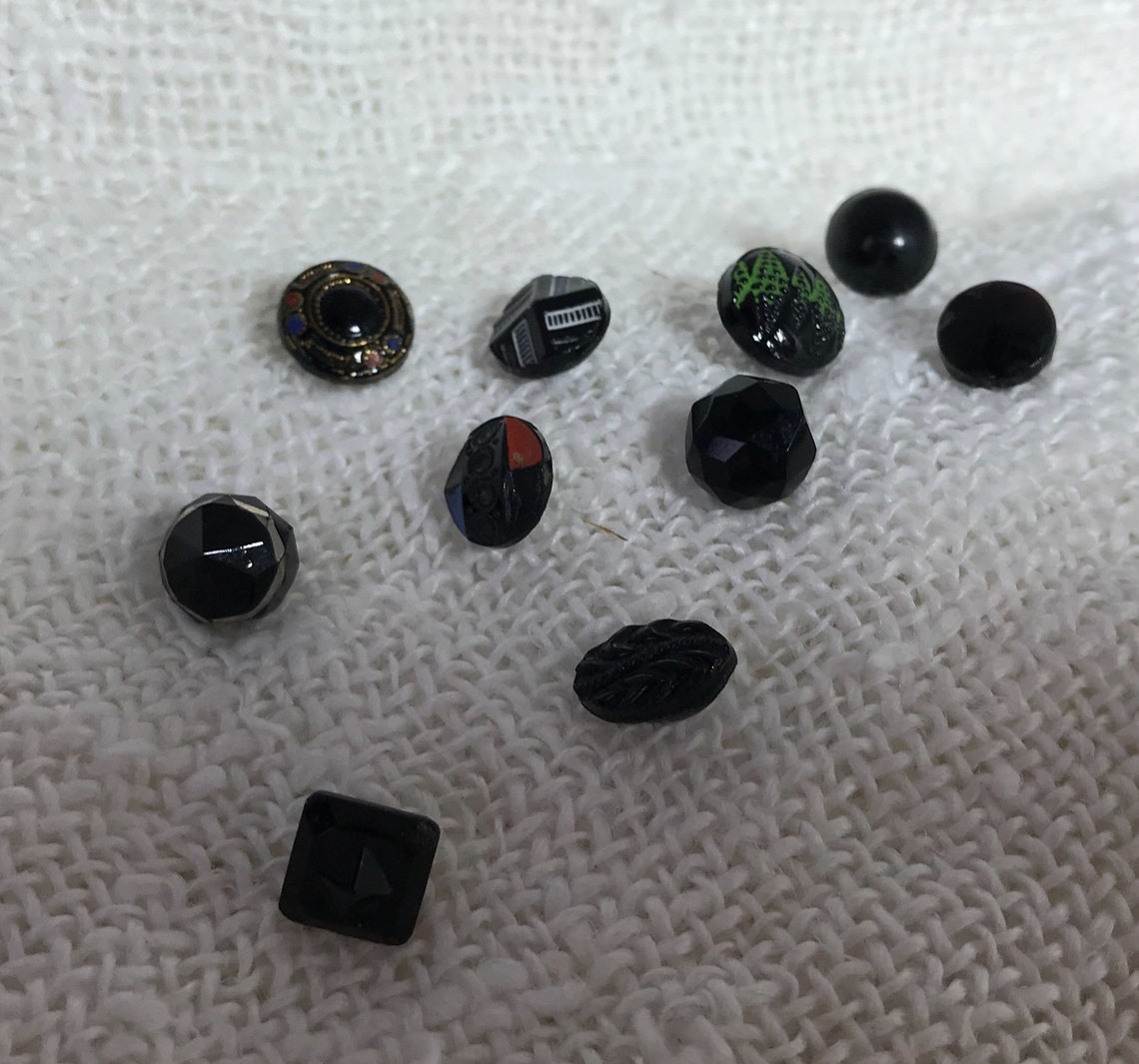 10 Diminutive Black Glass Buttons Victorian Painted | Etsy