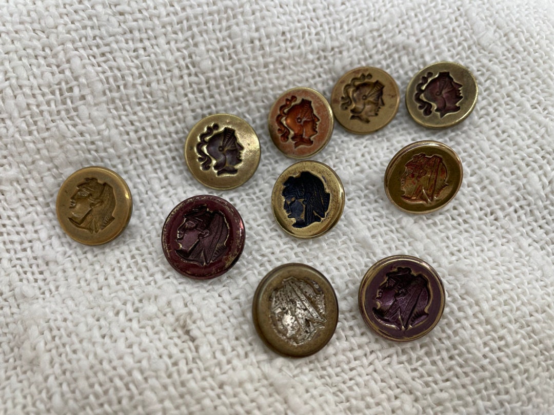 10 Antique Metal Buttons, Egyptian, Roman Heads Assortment, Some Tinted ...