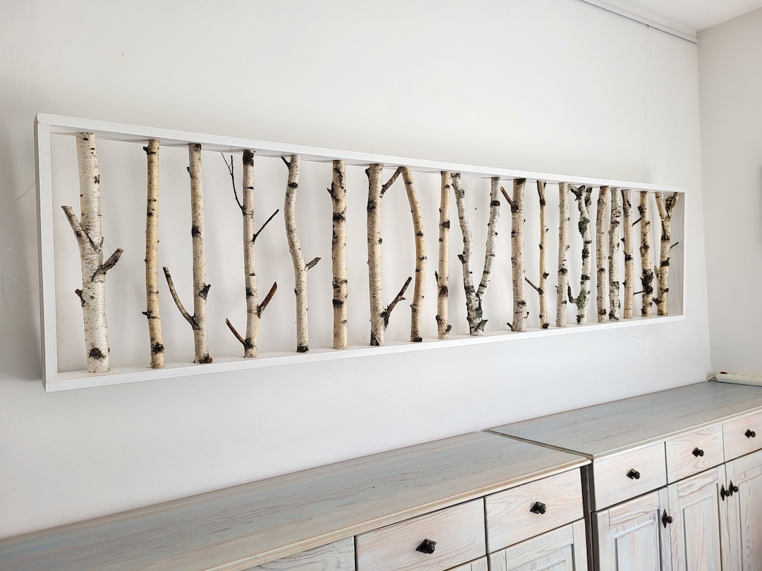 255cm Long White Birch Wall Art Birch Wall Display Shelf, Framed Birch ...
