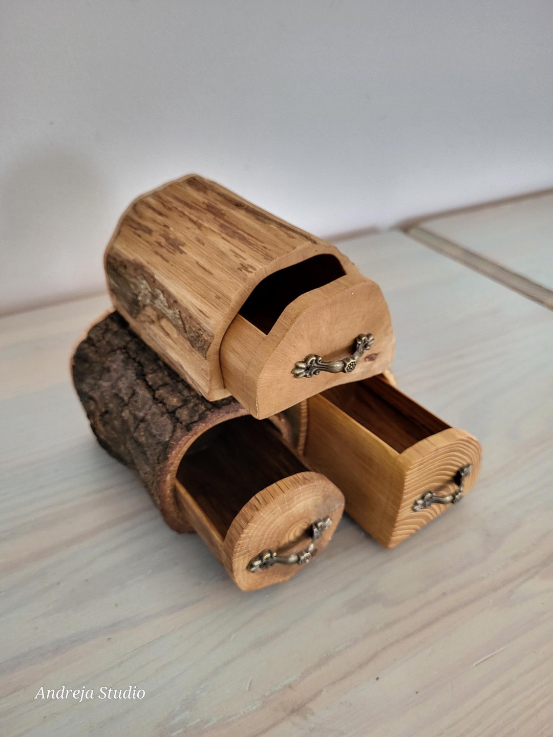 Artisan Wood Log Box Composition of Three, Fairy Drawers With Metal ...