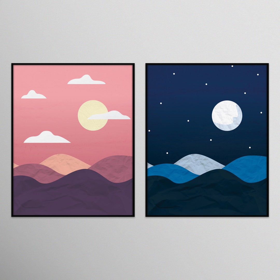 Sunset and Midnight | Nature Mountains Moon Sun Stars Clouds Wall Art ...