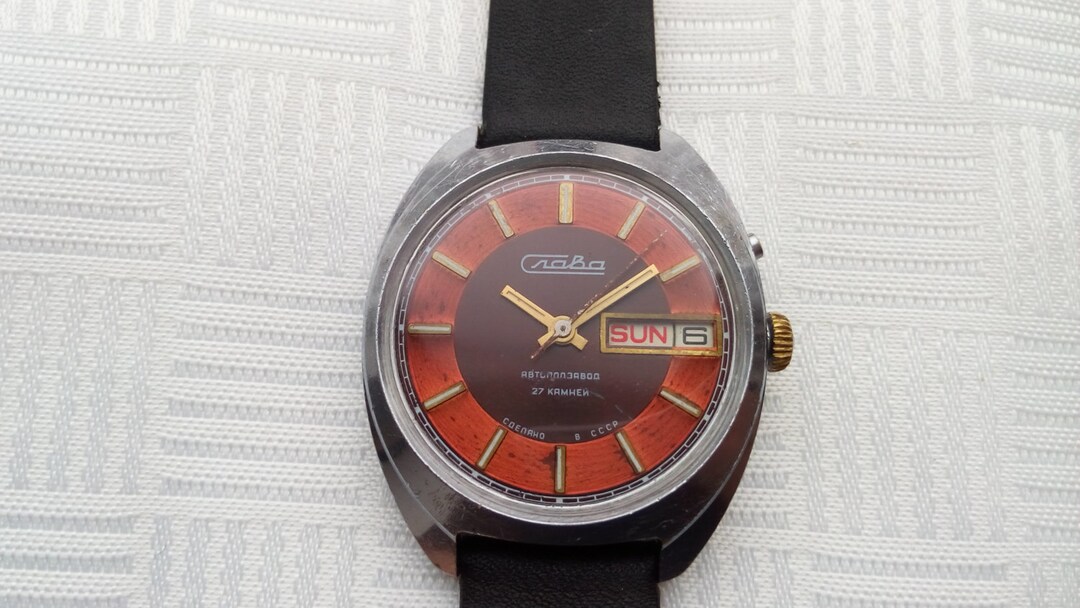 SLAVA Watch, Vintage Watch SLAVA, Mechanical Automatic Watch, Brown ...