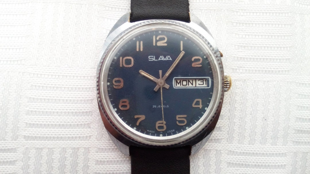 Soviet Watch Slava, Blue Watch, Mechanical Wristwatch, Day Date ...