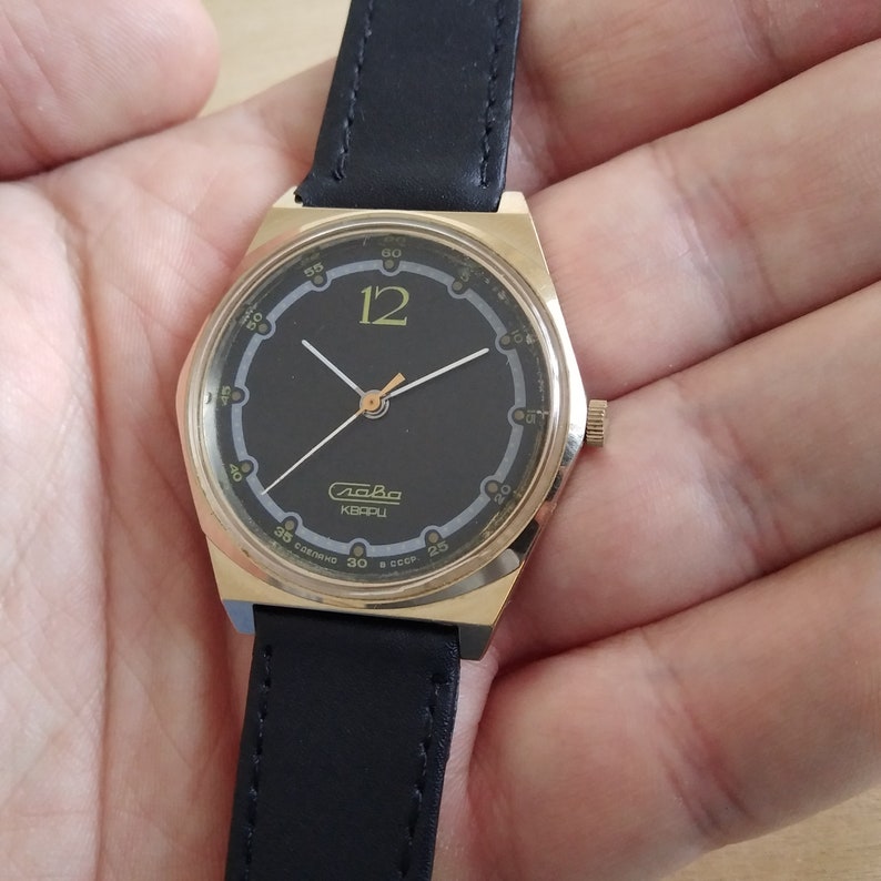 Soviet SLAVA Quartz Watch Black Dial Gold Plated Case Rare - Etsy