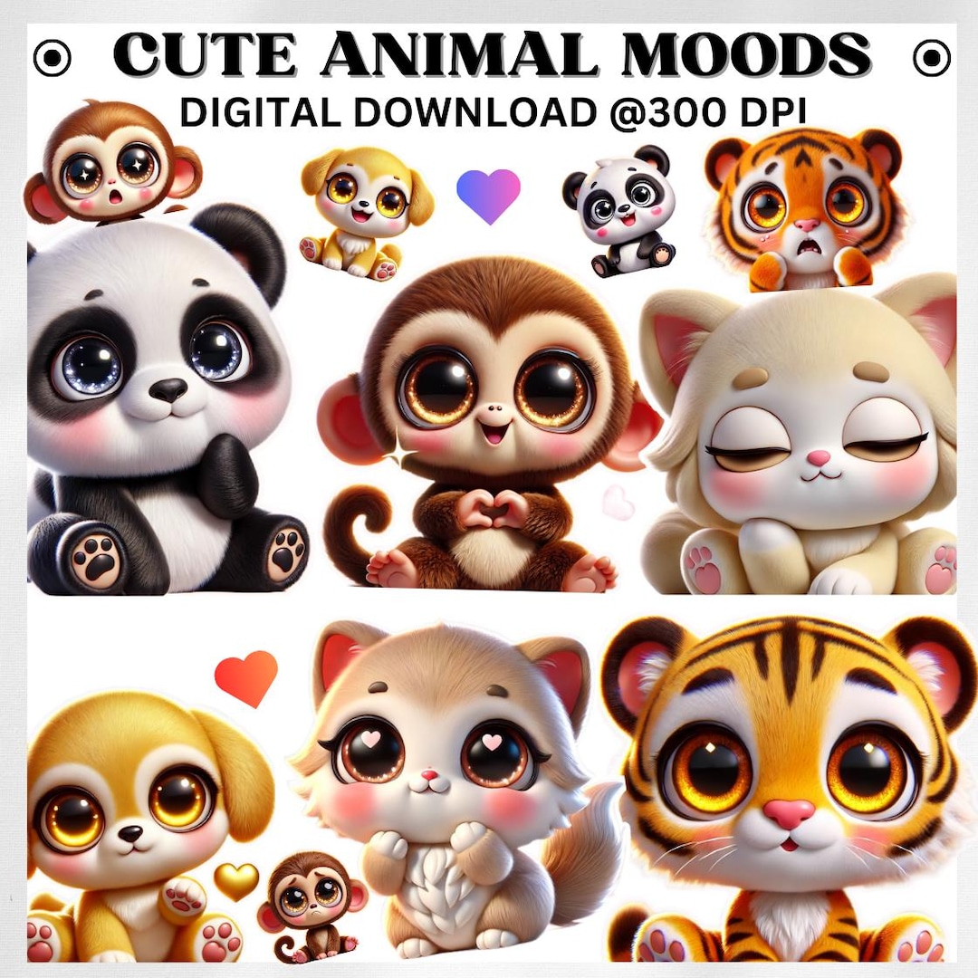 Animal Moods 50 Digital Clipart Puppy, Cat, Panda, Monkey, Tiger 10 ...