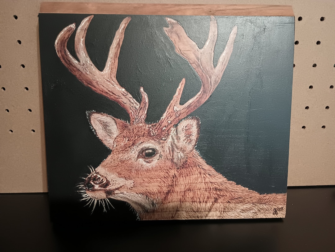 Pyrography Woodburning Hand Drawn Art With Color Whitetail Buck Deer ...