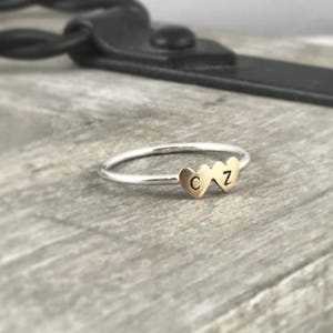 Double Heart Personalized Ring, Heart Ring , Stacking Ring, Initials ...