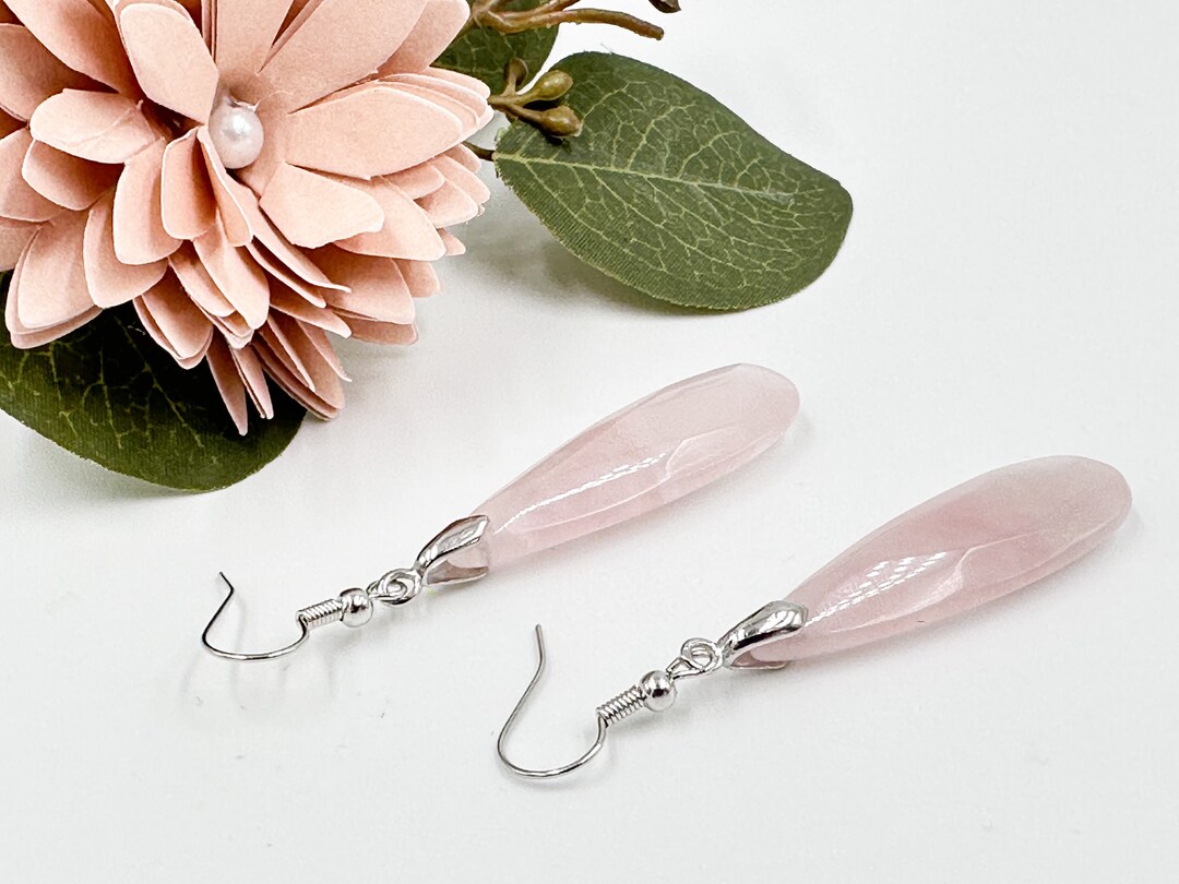 Pink Quartz Earrings Long Water Drop Shape, Earrings Gift Idea for Her ...