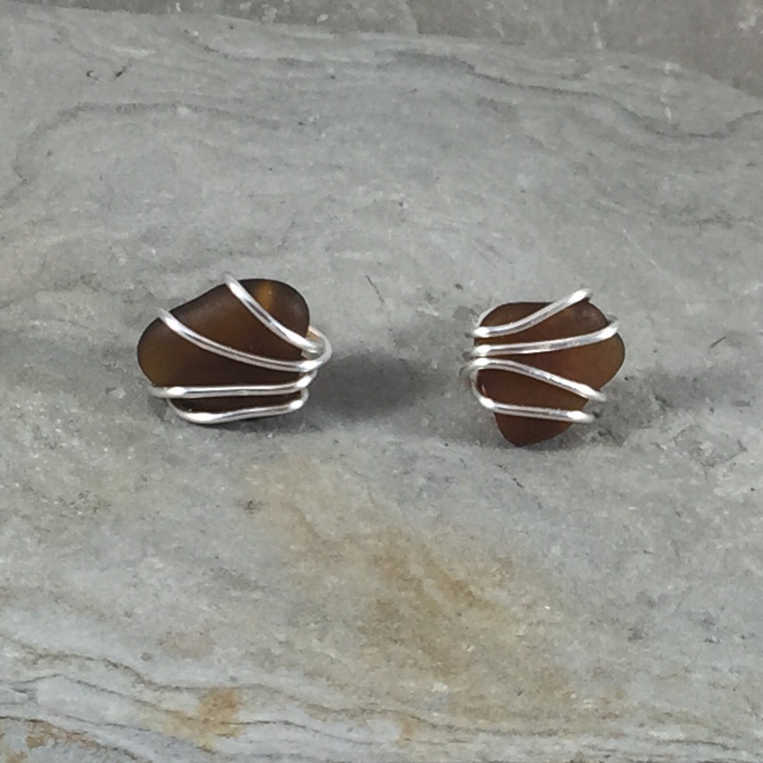 Brown Wire Wrapped Sea Glass Studs, Surf Jewelry, Beach Glass Post ...