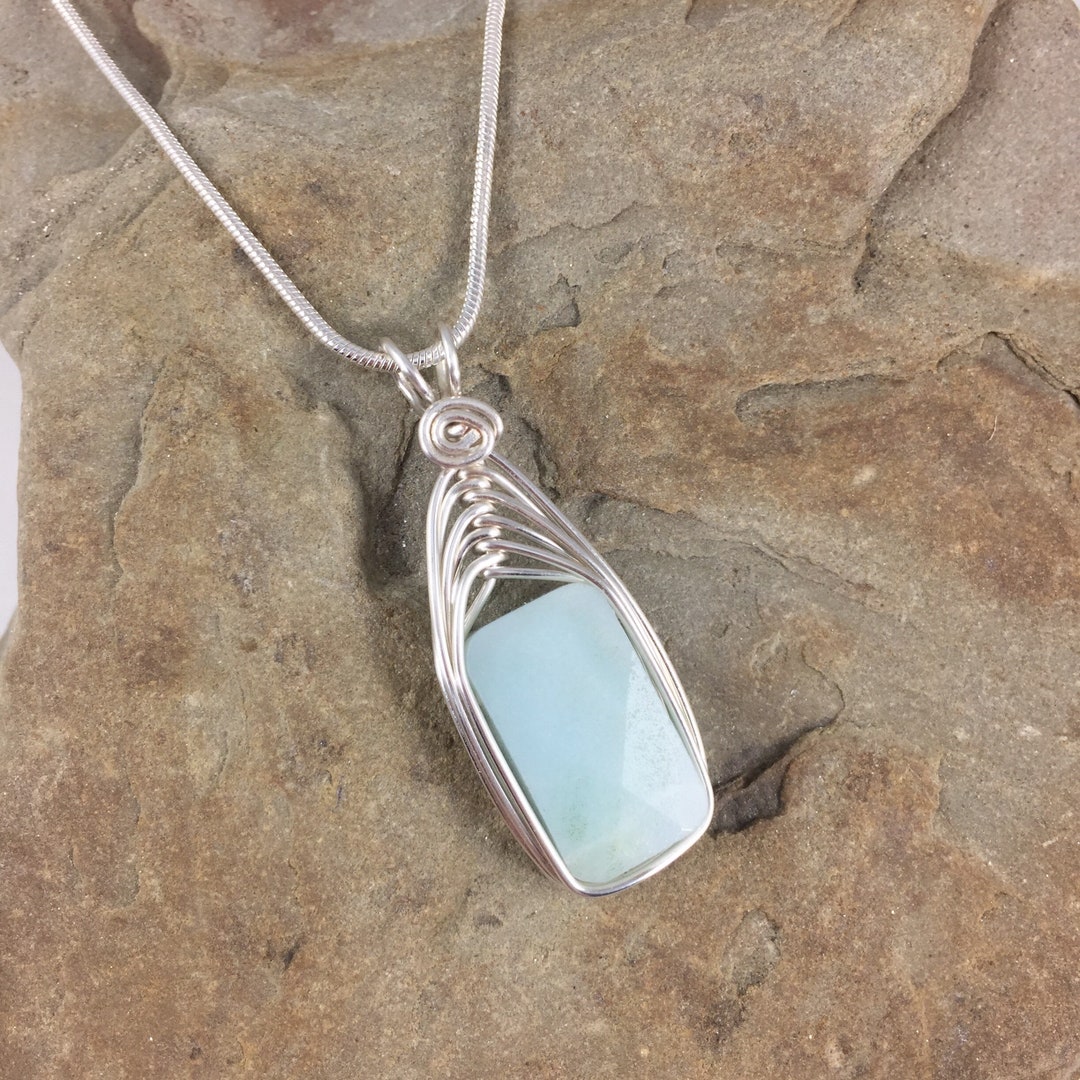Genuine Amazonite Necklace Silver, Wire Wrapped Amazonite Pendant ...