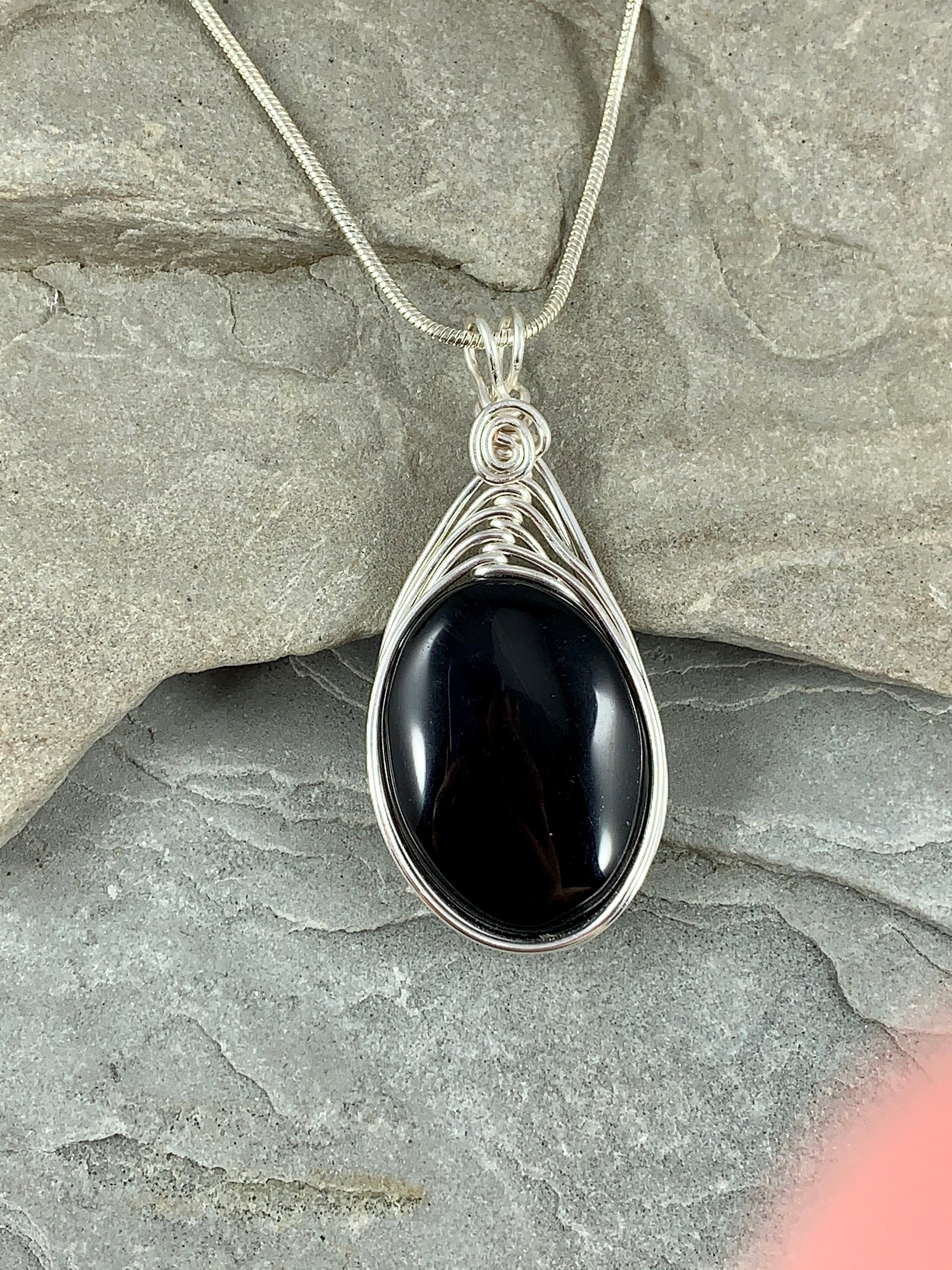 Black Obsidian Necklace for Women, Oval Obsidian Pendant Gift for Her ...