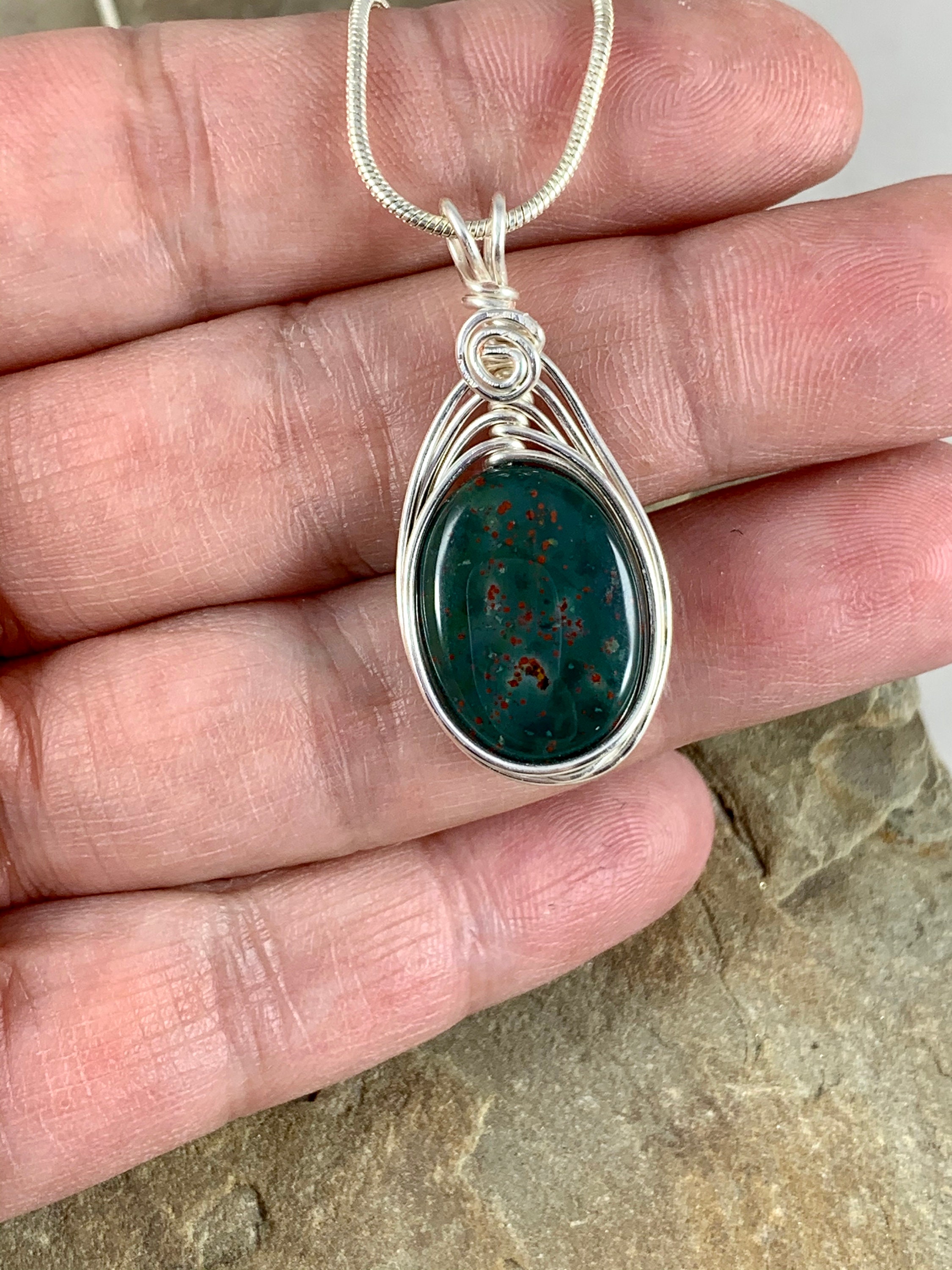 Natural Bloodstone Necklace for Women, Wire Wrapped Bloodstone Pendant ...