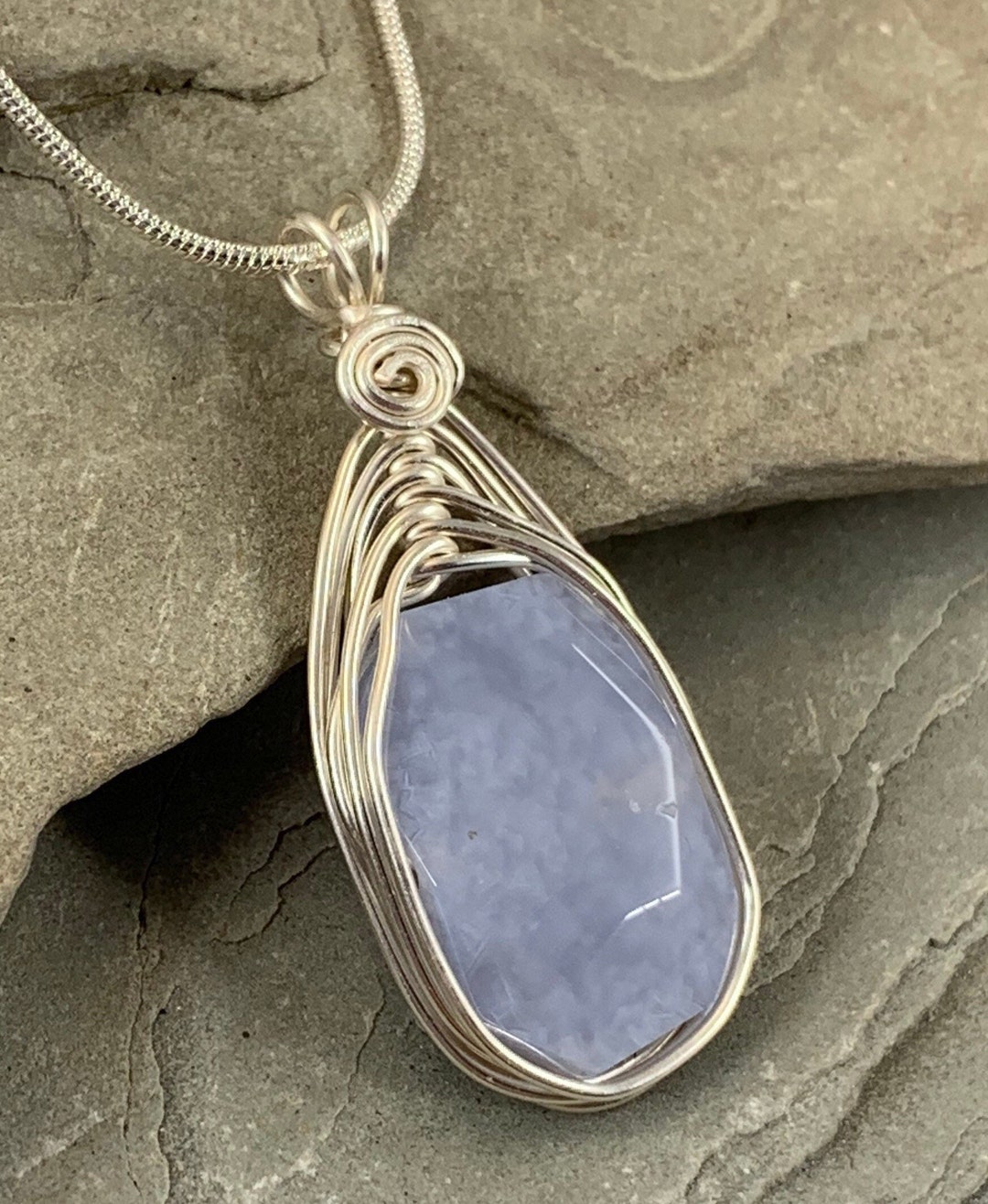 Large Blue Lace Agate Necklace, Natural Blue Lace Agate Pendant With ...