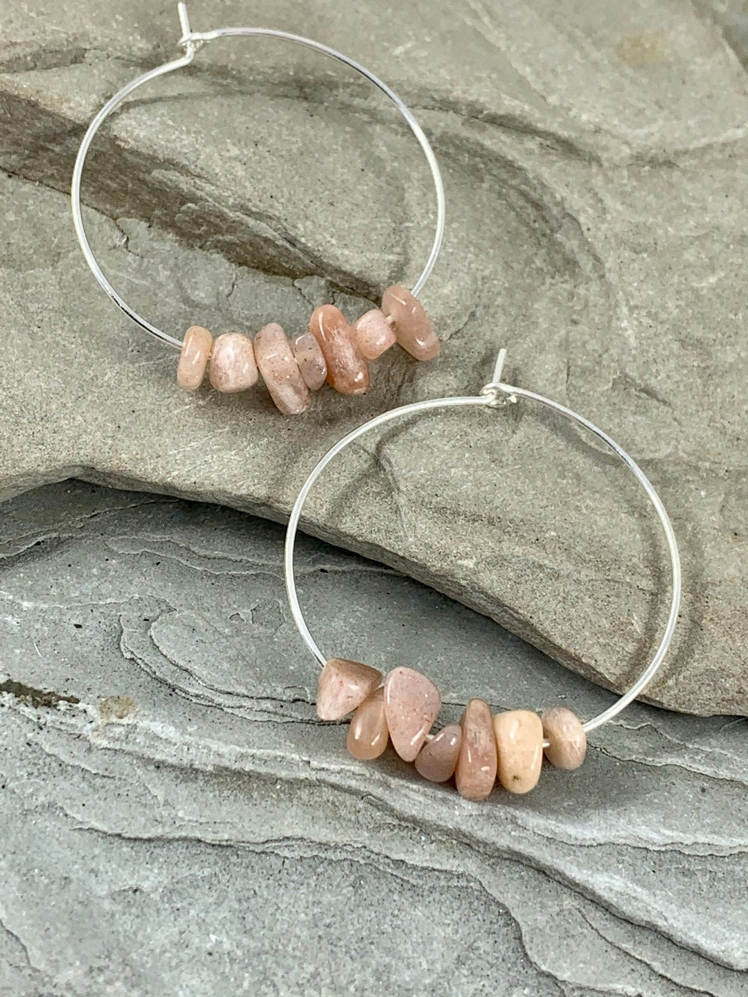 Sunstone Silver Hoops, Sterling Silver Beaded Hoop Earrings, Genuine ...