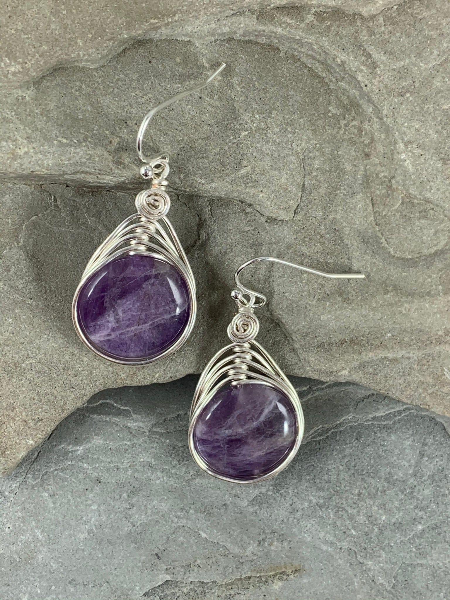Large Natural Amethyst Earrings, Silver Wire Wrapped Stone Earrings ...