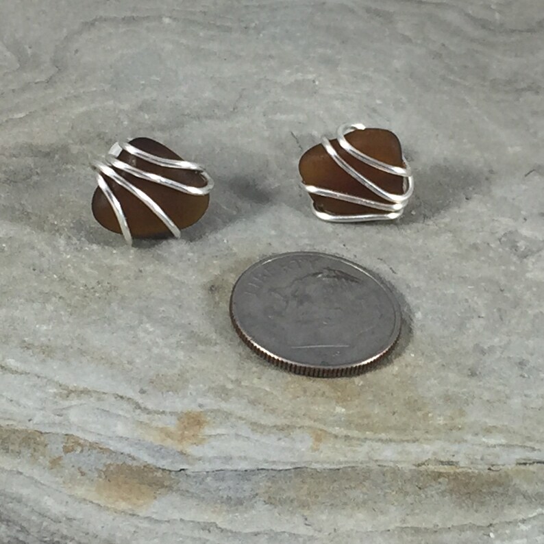 Brown Wire Wrapped Sea Glass Studs, Surf Jewelry, Beach Glass Post ...