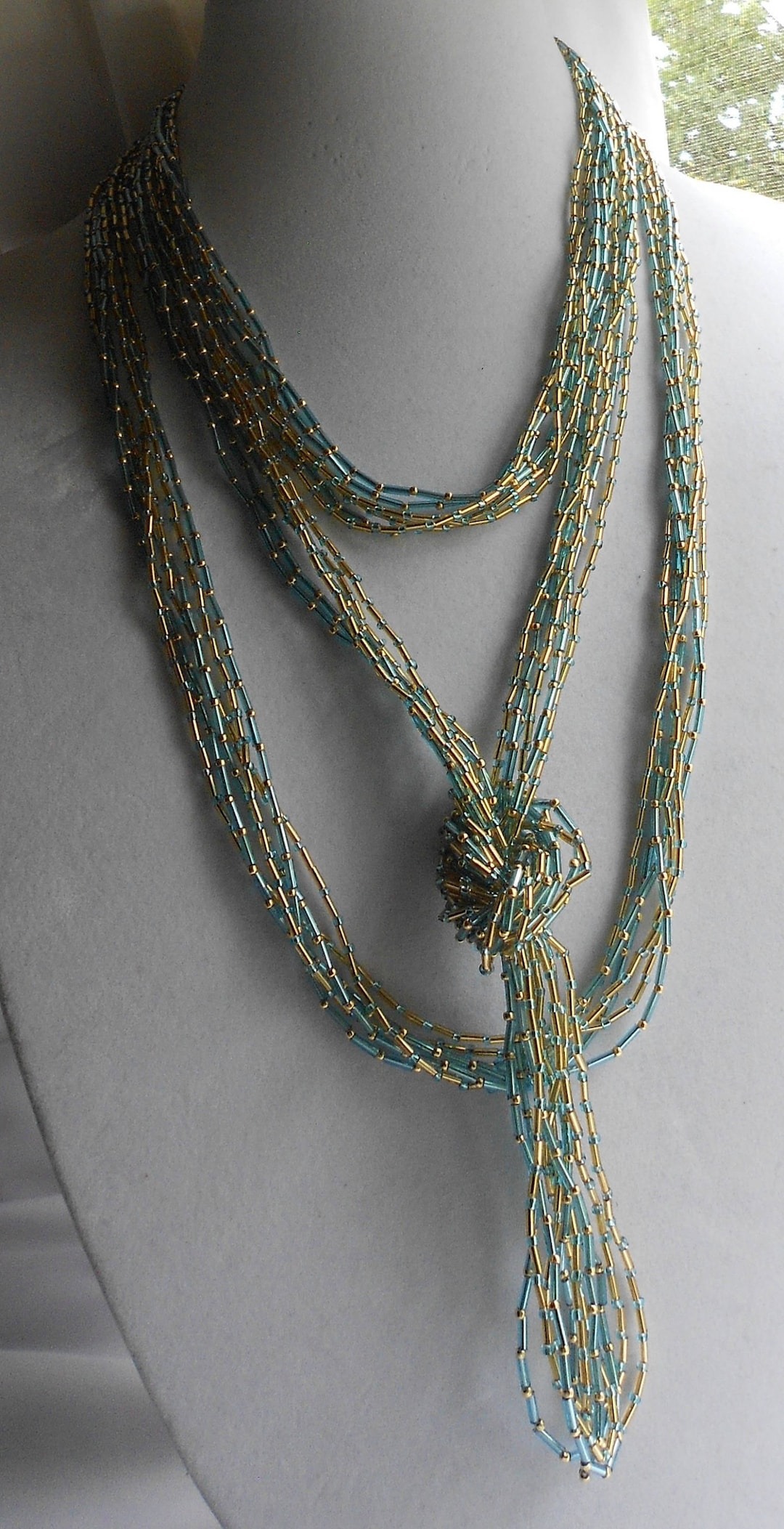 Gold 'n Sky Bugle Bead Necklace, 3-in-1 Necklace, Strands Within Strand ...