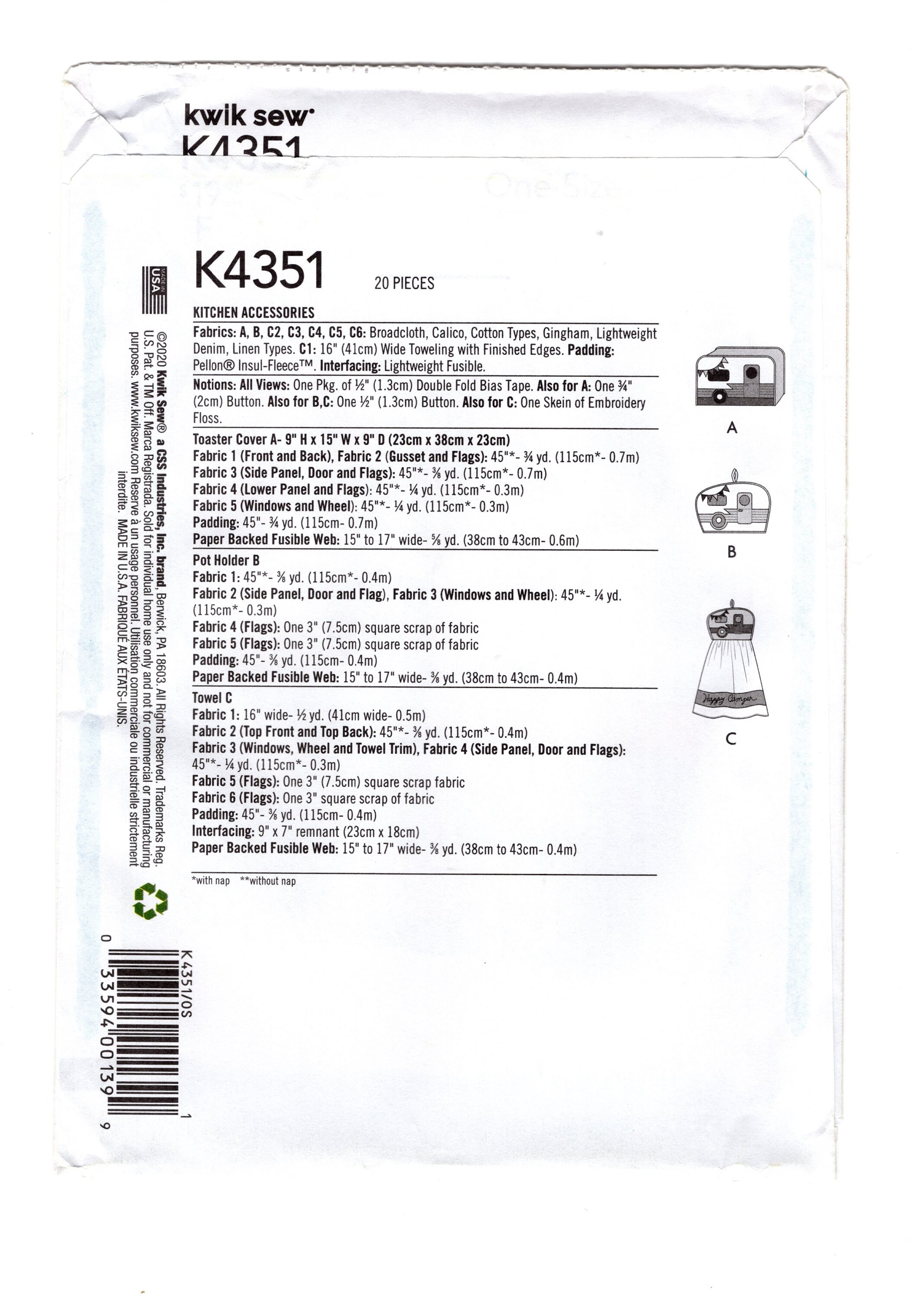 Sewing Pattern for Kitchen and Home Toaster Cover, Pot Holder and Towel ...