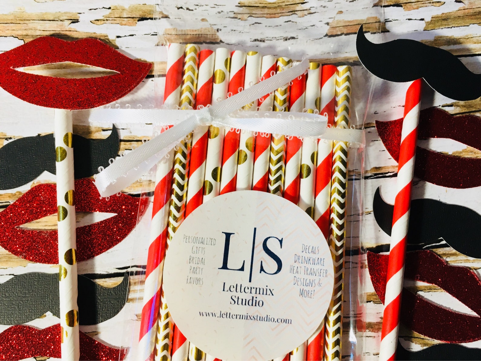 Red & Gold Paper Straws, Lips and Mustache Photo Props, Valentine Props ...