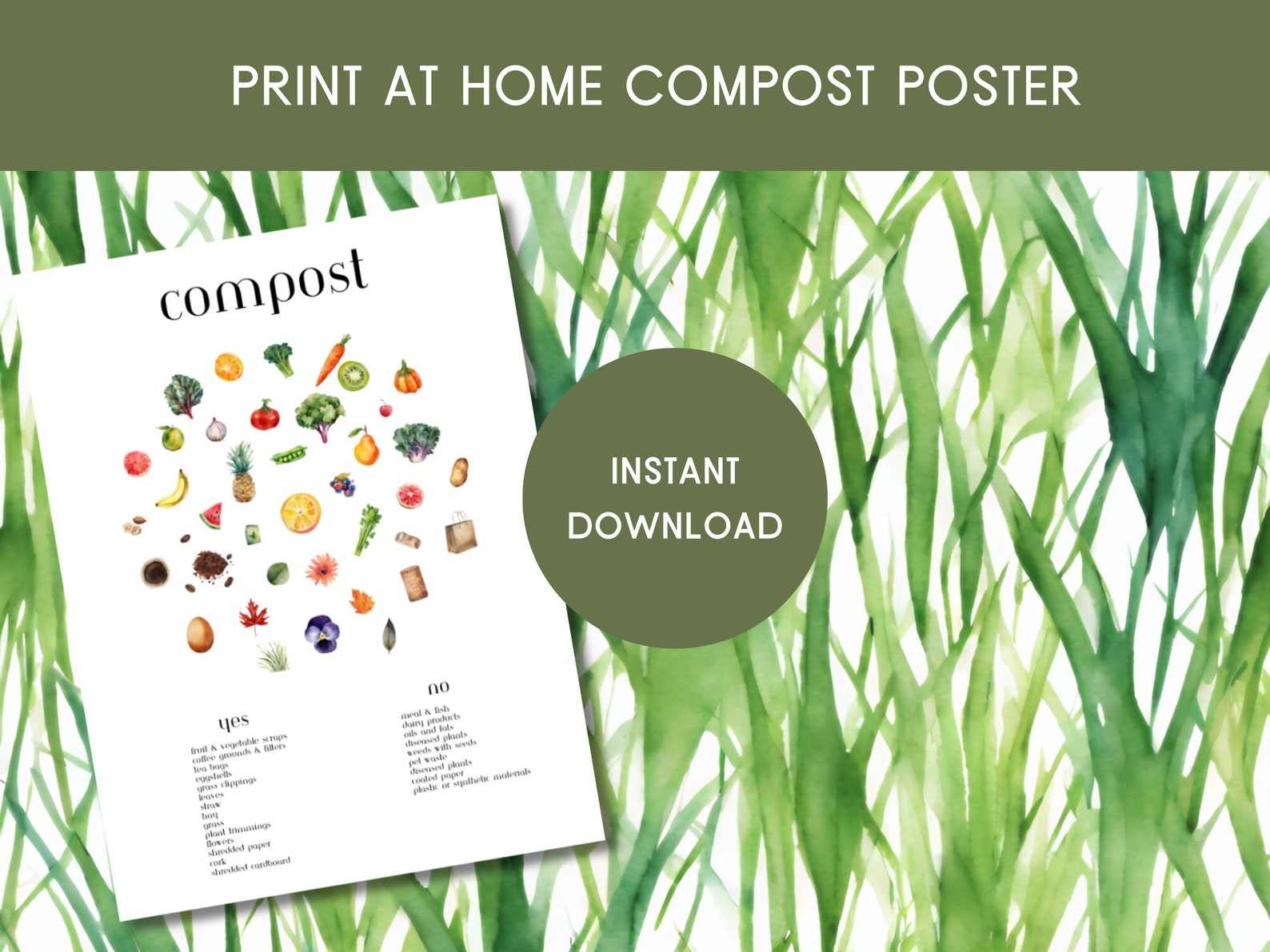 Watercolor Compost Guide Poster | Sustainable Kitchen Decor, Printable, Eco Art, Kitchen Wall ...