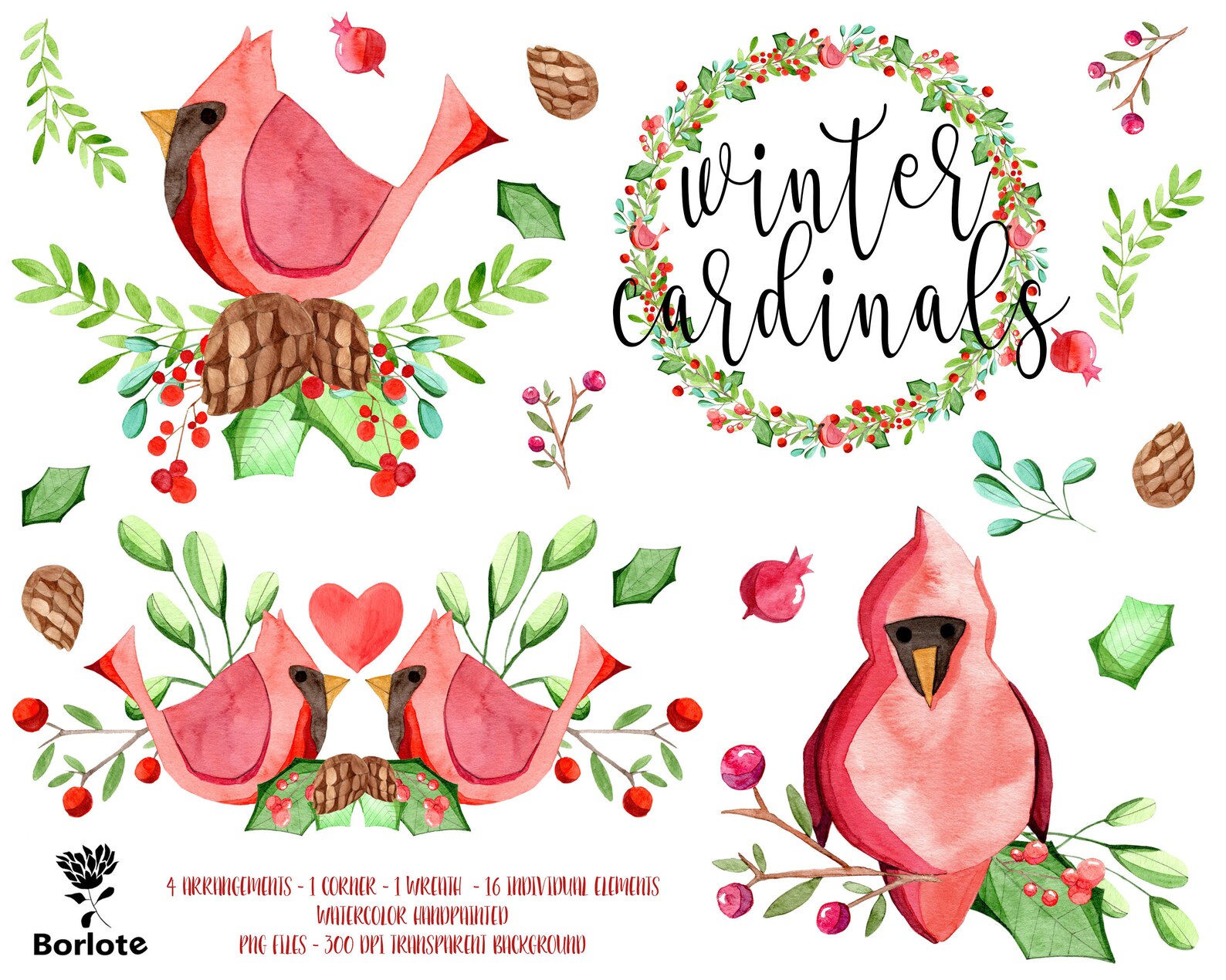 Christmas Watercolor Cliparts Cardinals Red Birds - Etsy