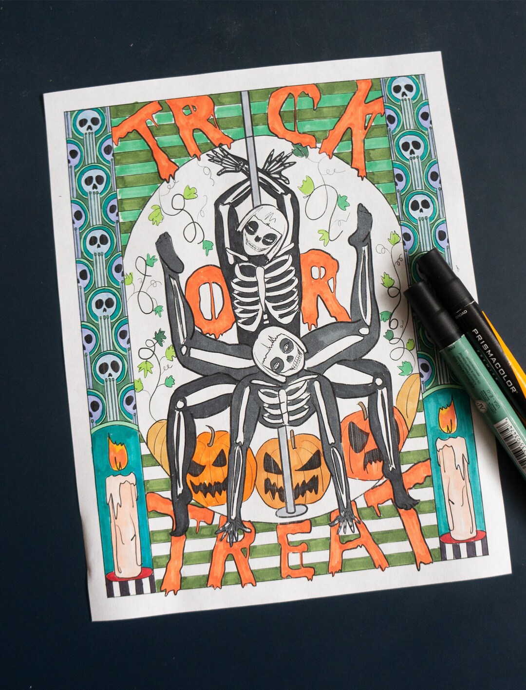 Pole Dance Skeleton Halloween Art Nouveau Digital Coloring Page 8.5x11 ...