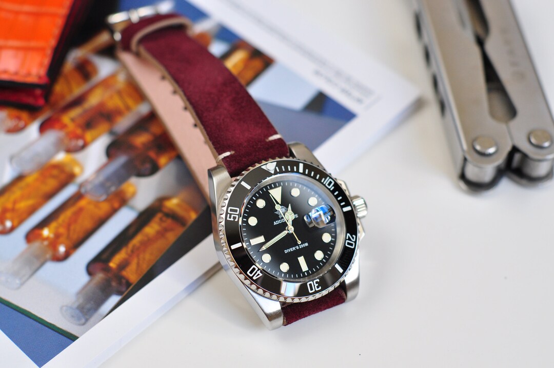 Suede Burgundy Leather 20mm Watch Strap Wine Red Watch Strap Vintage ...