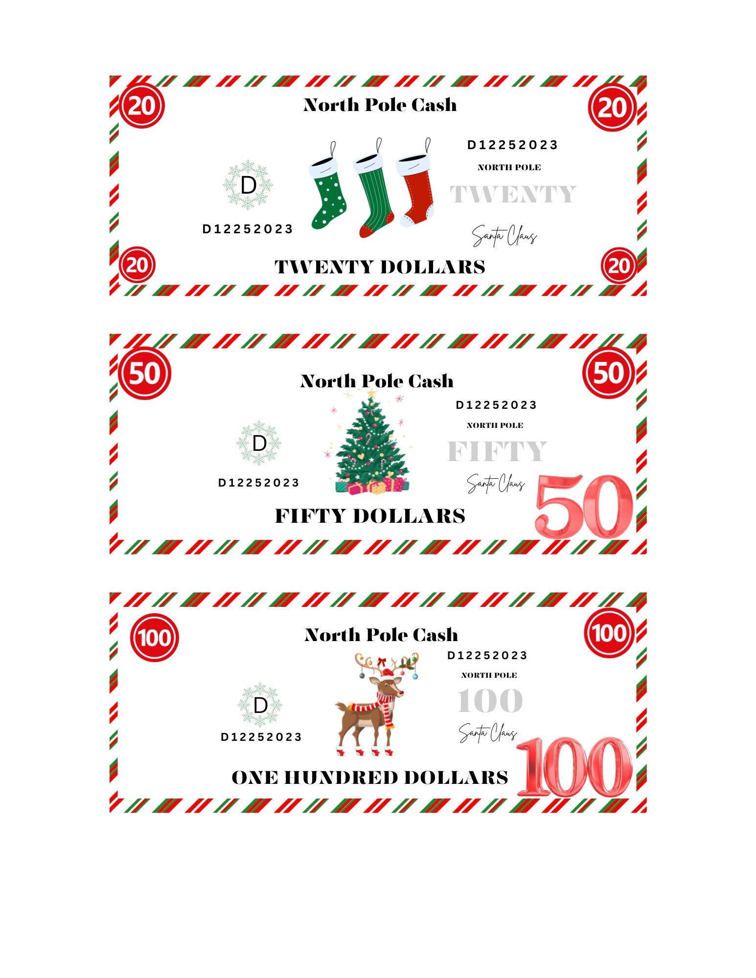 North Pole Cash, Printable Christmas Money, North Pole Dollar Bills ...