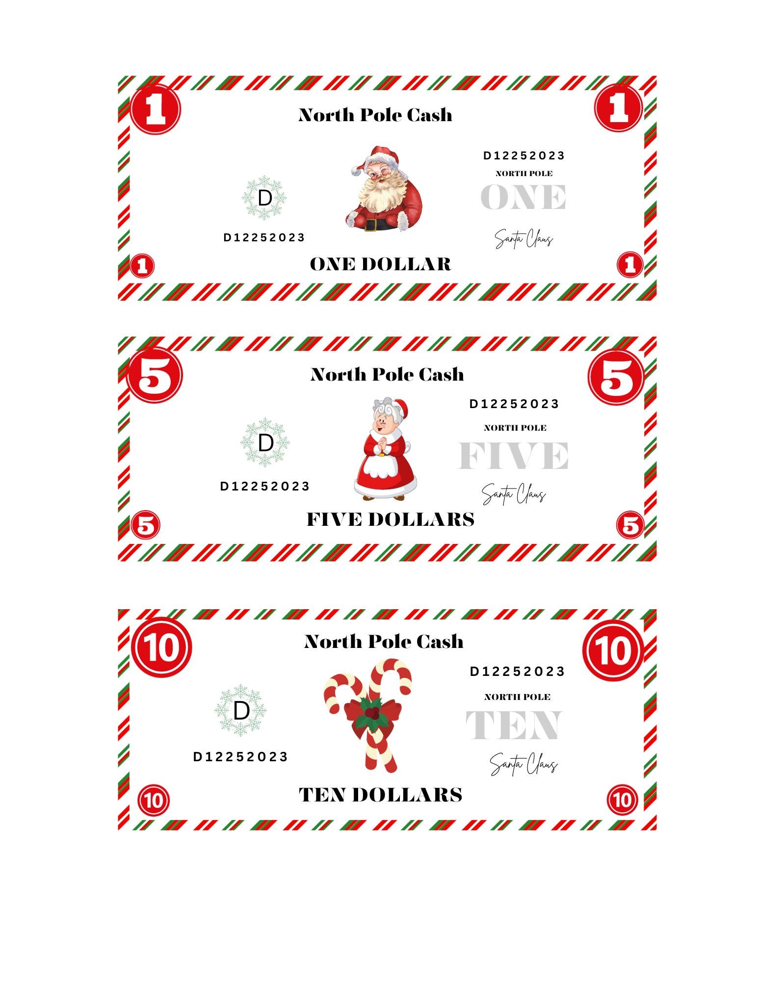 North Pole Cash, Printable Christmas Money, North Pole Dollar Bills ...