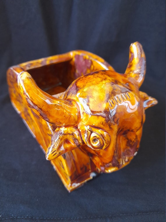 Bull Ceramic Planter / Primitive Bull Vase / Honey Brown | Etsy