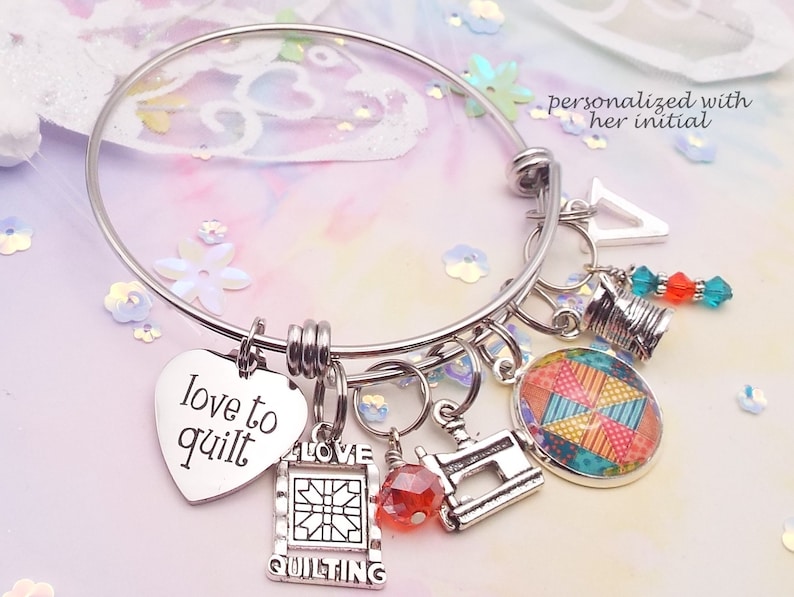 Quilter Charm Bracelet: Handmade Sewing Gift, Personalized Initial - Etsy