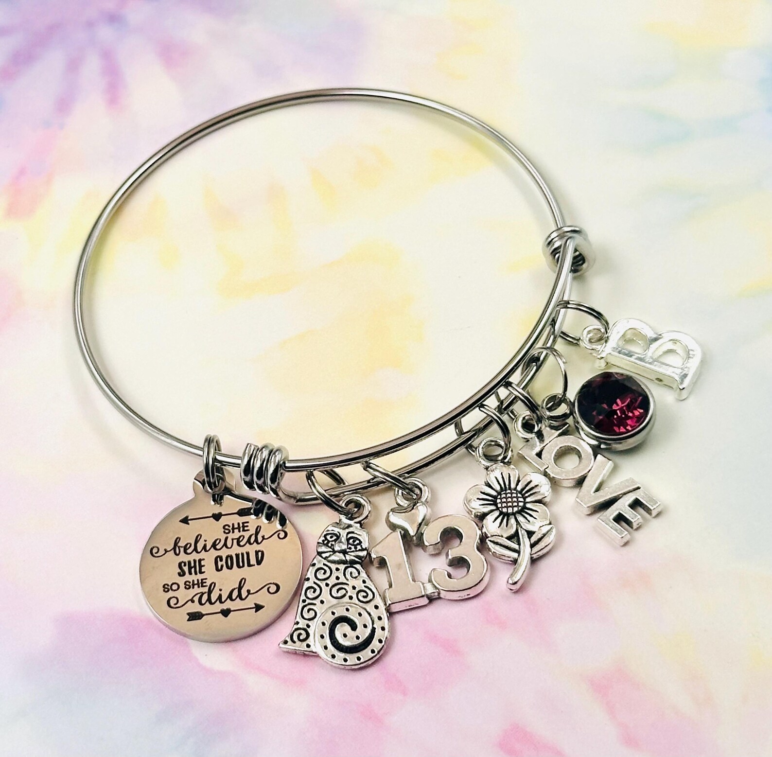 Personalized 13th Birthday Cat Charm Bracelet: Initial Bangle - Etsy