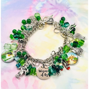 Wizard of Oz Charm Bracelet: Emerald Beads, Personalized Initial ...