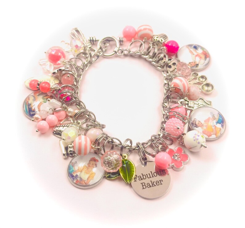 Handmade Cooking Charm Bracelet: Vintage Baker Art, Pink Bead Jewelry ...