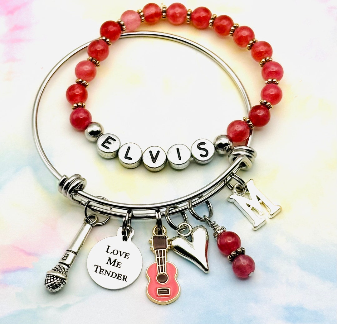 Handmade Elvis Charm Bracelet Set: Watermelon Quartz & Stainless Steel ...