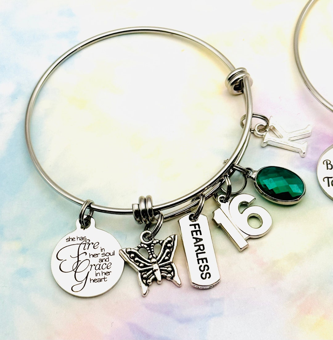 Sweet 16 Charm Bracelet: Personalized Initial & Birthstone, Stainless ...