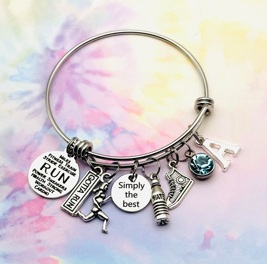 Runner Charm Bracelet: Personalized Marathon Gift, Initial & Birthstone ...