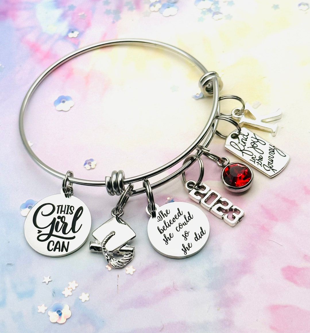 Graduation Charm Bracelet: Stainless Steel Bangle, Initial & Birthstone ...