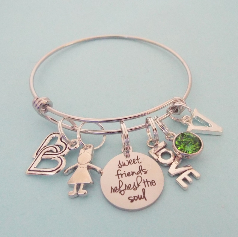 Personalized Friend Charm Bracelet, Birthstone and Initial Silver ...