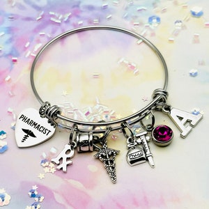 Pharmacist Graduation Bangle Bracelet, Personalized Initial, Swarovski ...