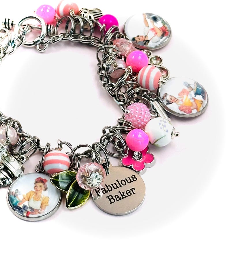 Handmade Cooking Charm Bracelet: Vintage Baker Art, Pink Bead Jewelry ...