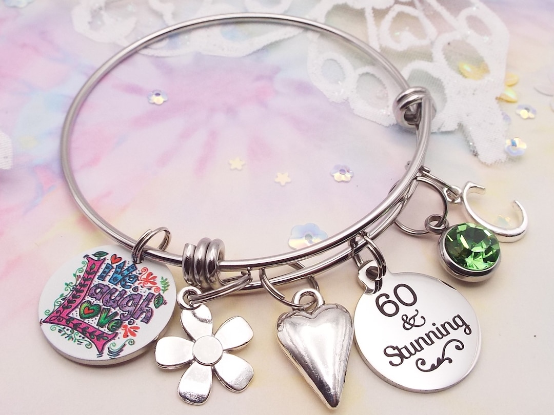60th Birthday Charm Bracelet: Personalized Initial & Birthstone - Etsy