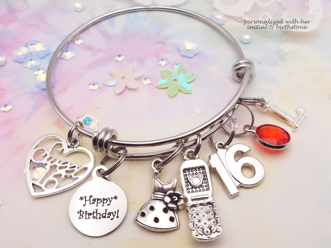 Sweet 16 Charm Bracelet: Personalized Initial & Birthstone, Daughter ...