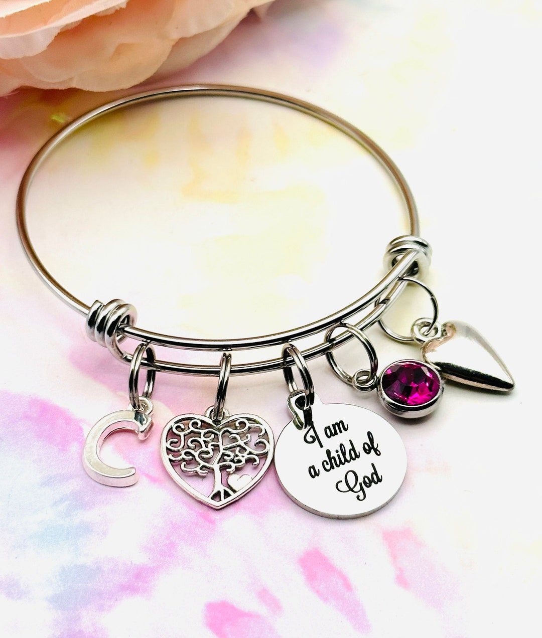 Personalized Christian Charm Bracelet: Initial, Birthstone, 'child of ...
