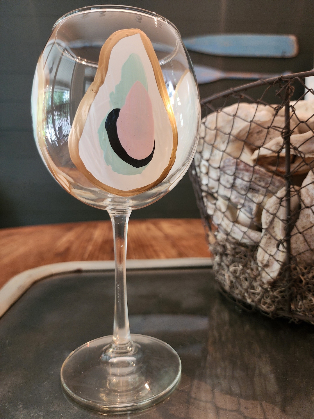 Hand Painted Oyster Wine Glass - Beach, Coastal, Gift, Glassware ...