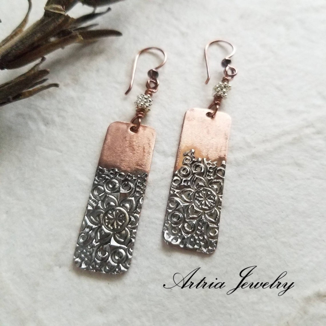 Mandala Stamped Silver Solder Copper Bar Earrings Copper - Etsy