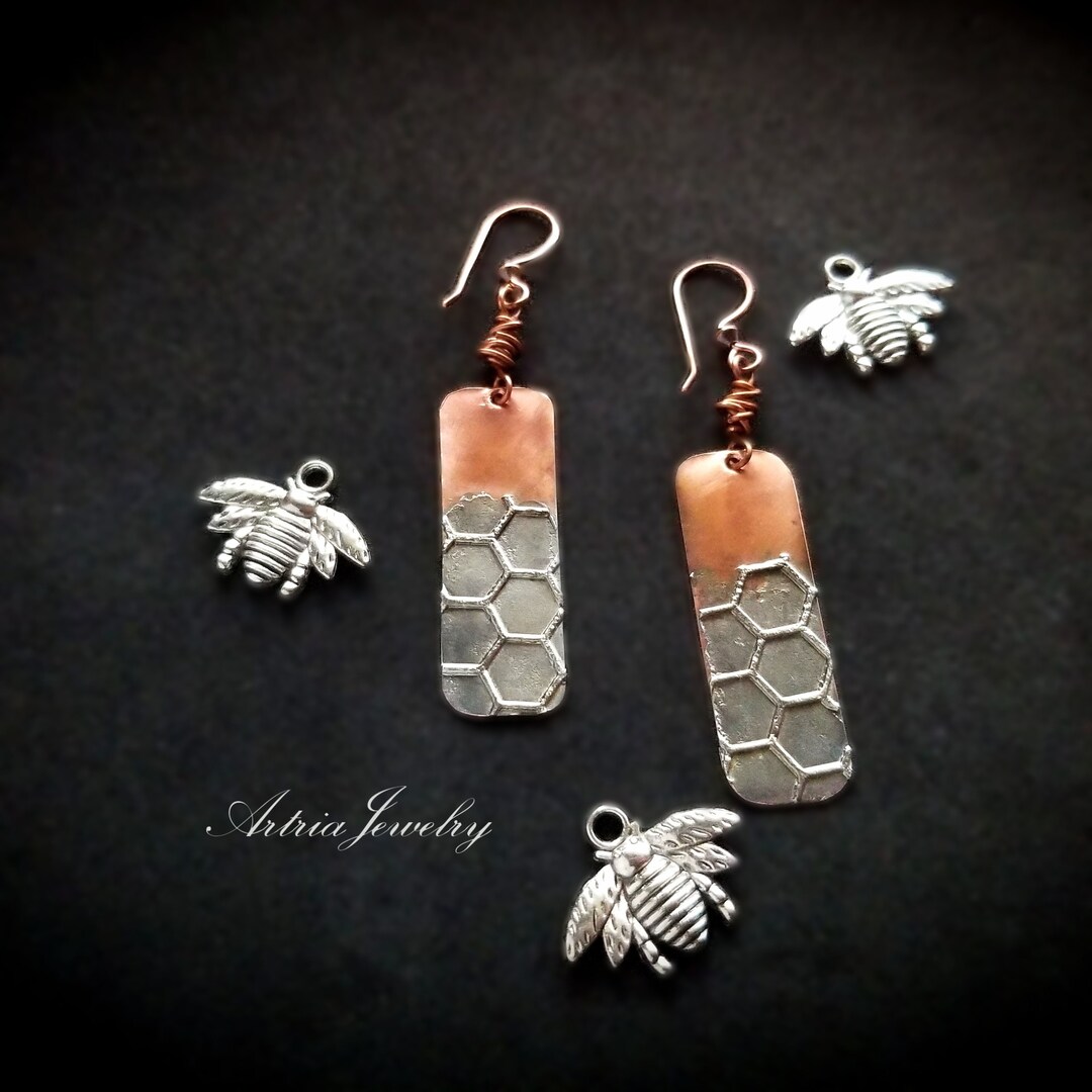 Honeycomb Stamped Silver Solder Copper Bar Earrings, Copper Honeycomb Jewelry, Mixed Metal ...