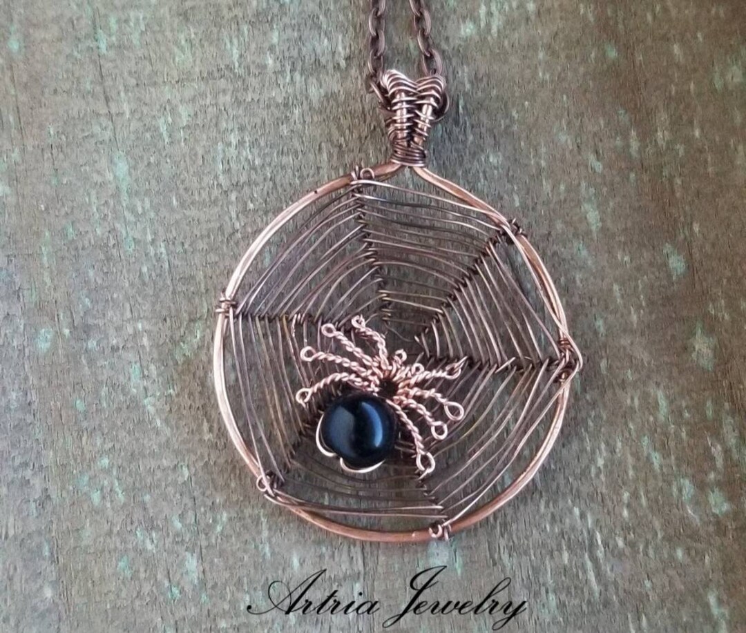 Black Spider in a Woven Copper Web Pendant, Wire Wrapped Copper Black ...