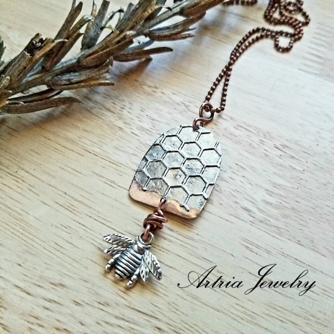 Silver and Copper Bee and Honeycomb Necklace, Stamped Honey Jewelry ...